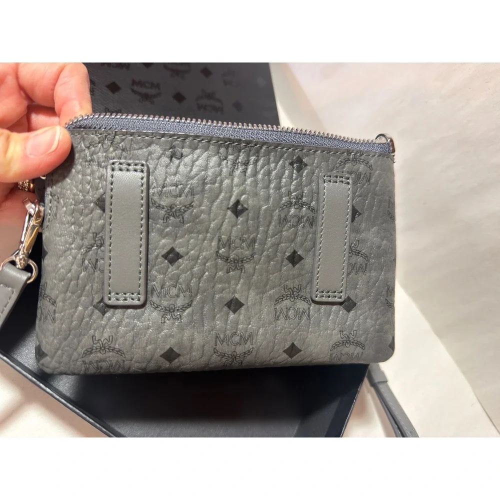 MCM | Bags | Mcm Grey Visetos Monogram Pebbled Leather Crossbody Belt ...
